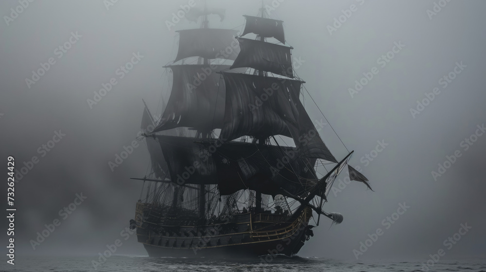 Stockfoto Pirate ship with black tattered sails sailing through fog ...