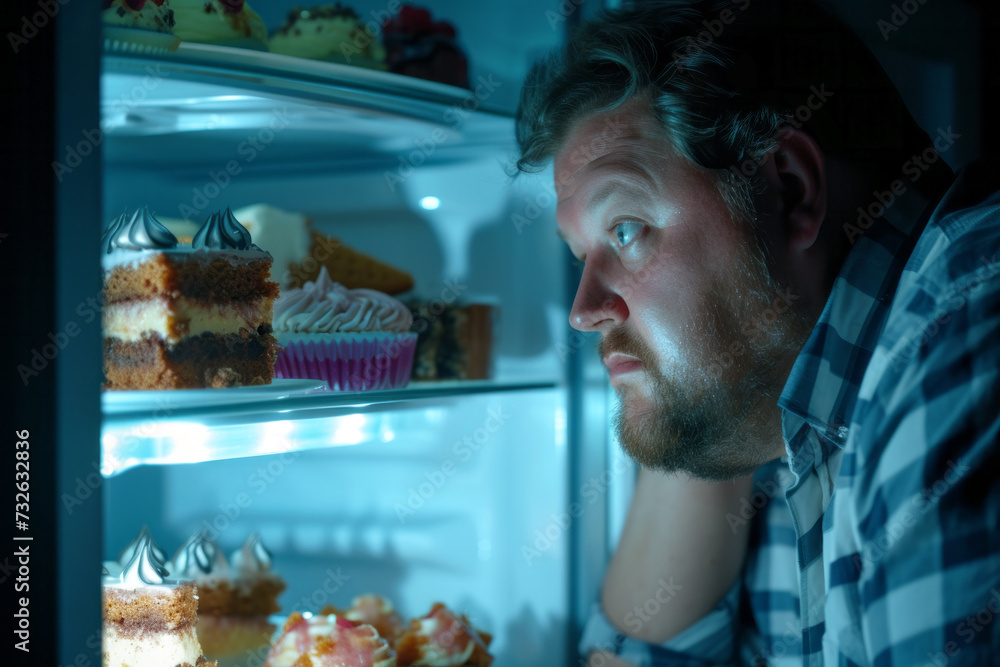 An obese man looking into the fridge for food at night, the theme of ...