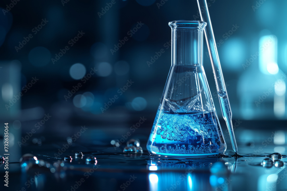 Beaker or test tube with light blue boiling liquid and glass pipette on ...