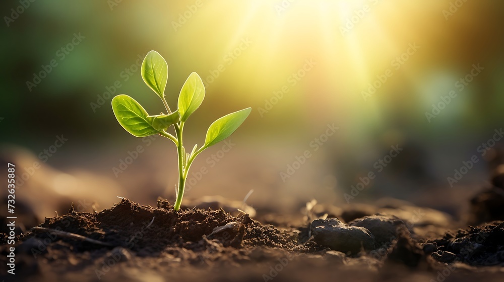 Green plant seedling growing on fertile soil with sunbeams and lens ...