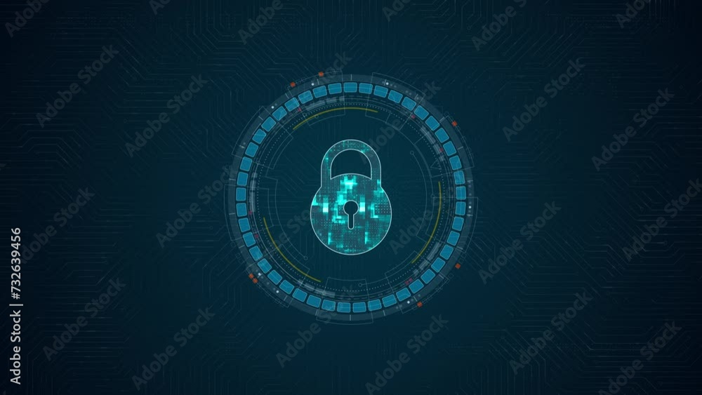 Motion graphic of Blue digital security key logo and circle futuristic HUD elements with network ...
