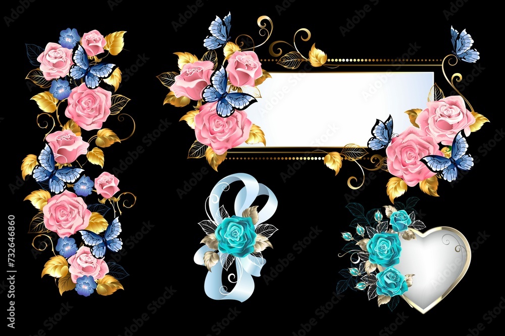 Gold oval frame with red roses on turquoise, brocade background. Design ...