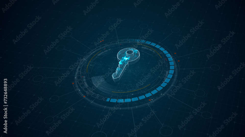Blue digital security key logo and 3D circle futuristic HUD elements with network firewall ...