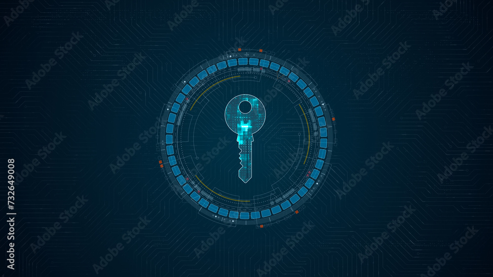 Blue digital security key logo and circle futuristic HUD elements with network firewall ...
