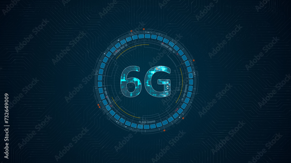 Blue digital 5G letter and circle futuristic HUD elements with ...