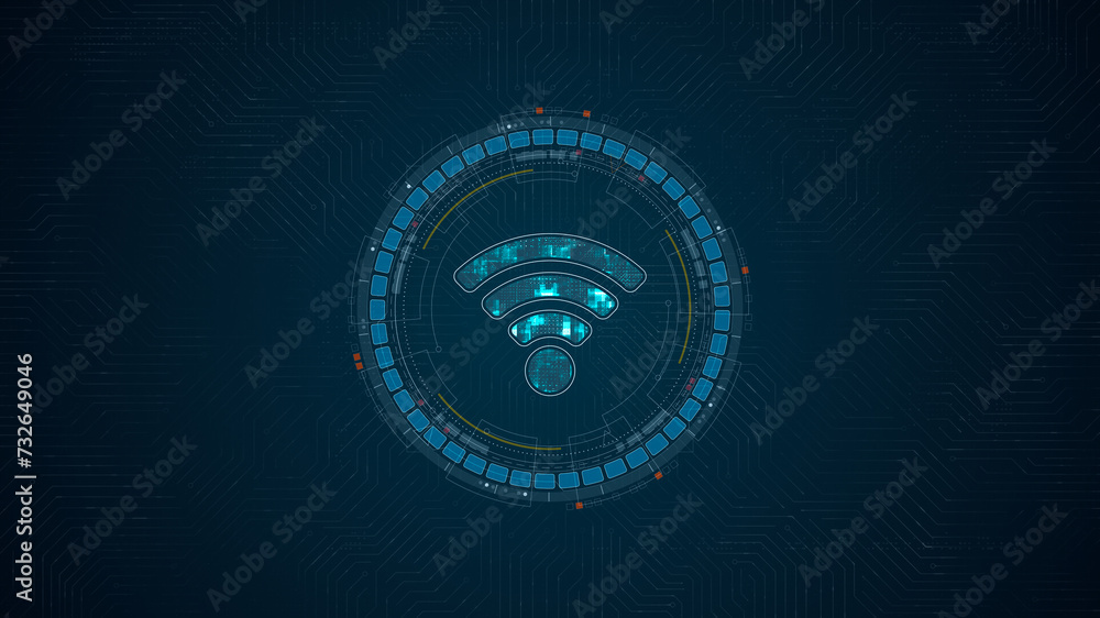 Blue digital WIFI logo and circle futuristic HUD elements with data ...