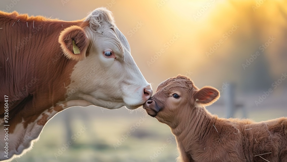 Affectionate cow and newborn calf bonding in golden hour light on a ...