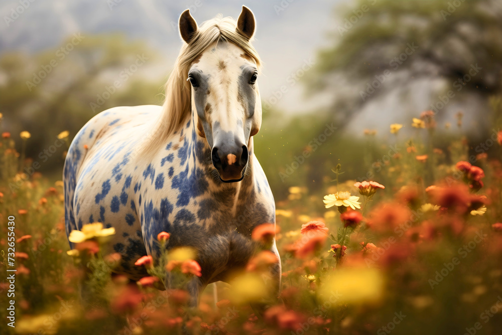 Domestic appaloosa horse breed animal standing in sunny forest nature ...