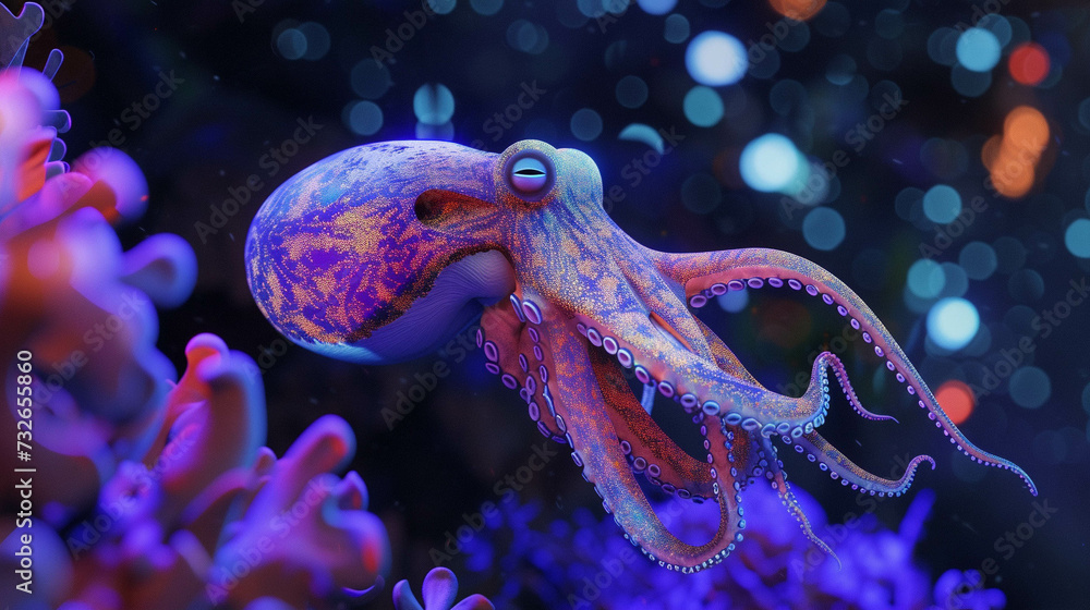 A brilliant galaxy setting where a giant squid coexists harmoniously in ...