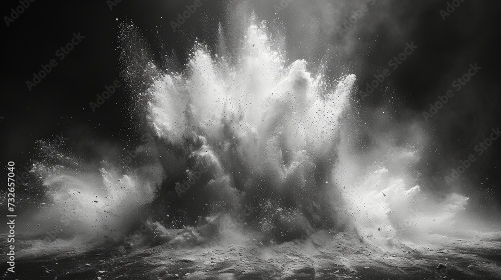 A monochromatic image displaying a dramatic explosion of water ...
