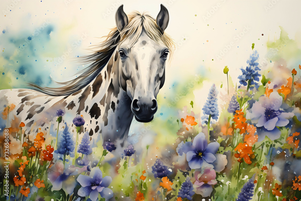 Domestic appaloosa horse breed animal standing in the flower field ...