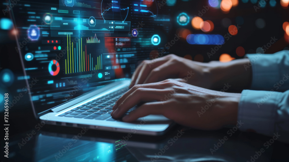 person's hands are seen typing on a laptop keyboard, with futuristic ...