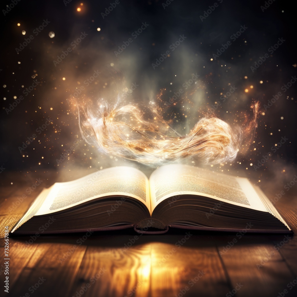 Open book with light rays coming out of the pages, fantasy concept ...