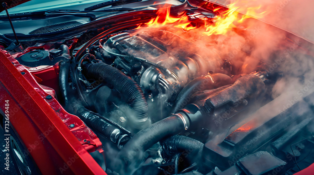 Smoke and flame of fire under the open hood of red car with strong V8 ...