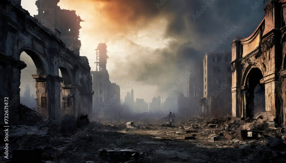 Apocalyptic concept, ruins of abandoned city, old broken buildings ...