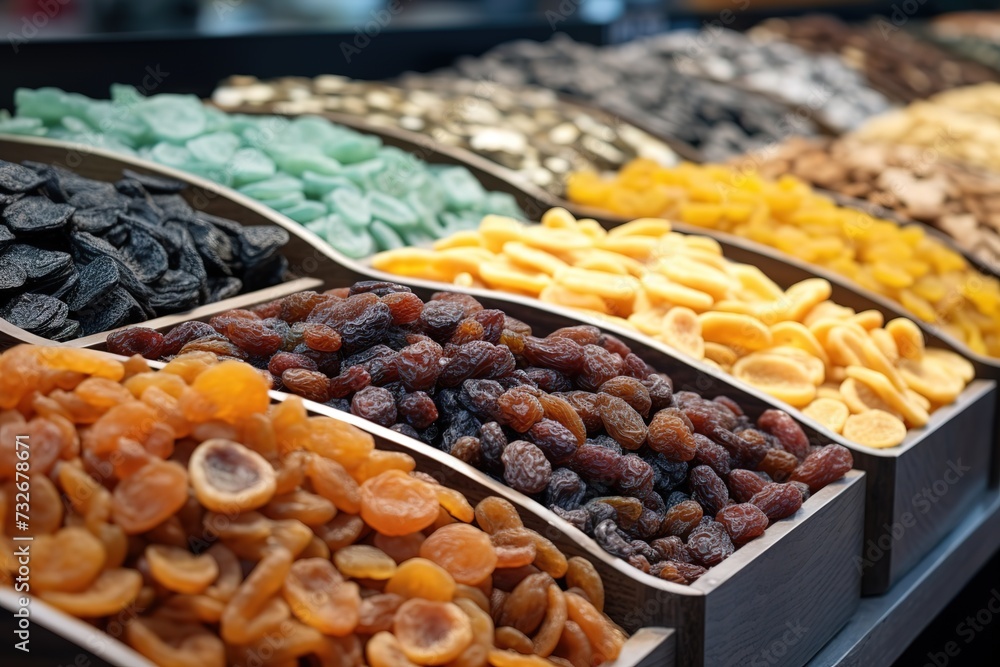 display of different types of dried fruits, dried fruit in stores Stock ...