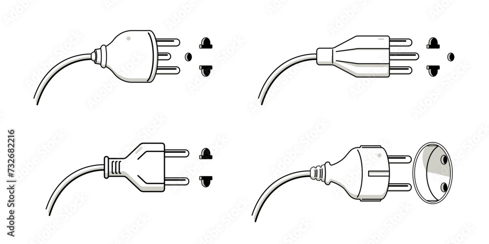 Different types of electric plug and power socket icons. Set of wall ...