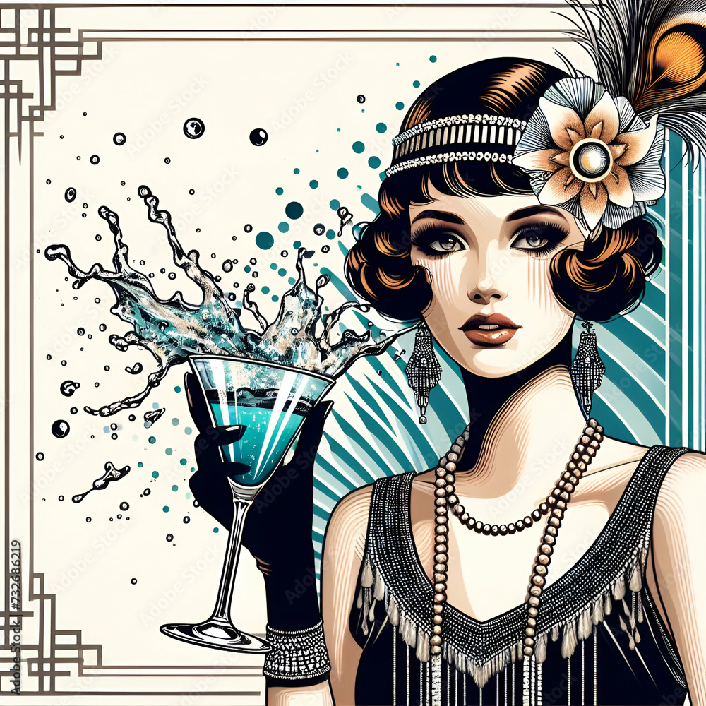 Flapper girl holding cocktail glass with splash. Art deco, 1920 s style ...