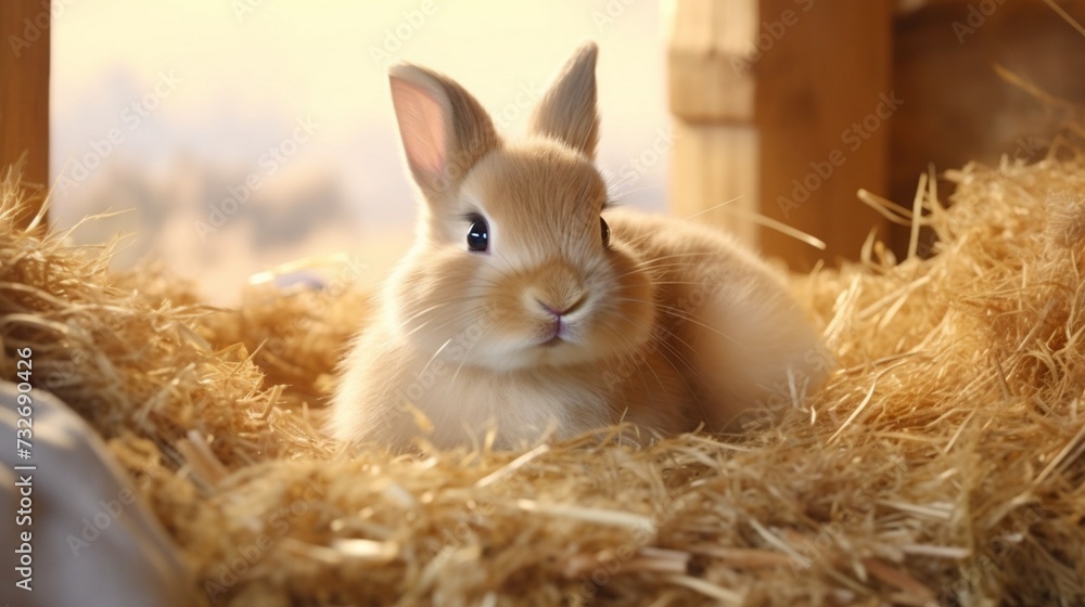 the gentle nature of a pet rabbit nestled in a cozy bed of hay, its ...