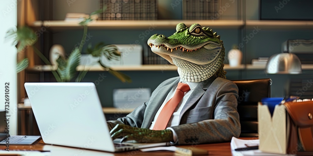 Alligator wearing a suit working on a laptop computer in an office ...