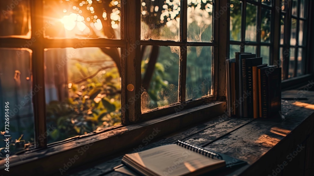 The photograph captures a rustic and serene indoor scene featuring a ...