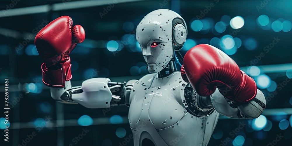 AI Robot wearing red boxing gloves ready to fight - action pose Stock ...