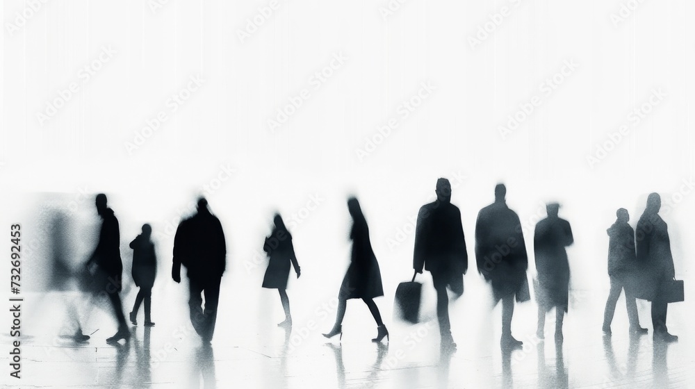 Walking people blurred silhouettes on a white background. Motion ...