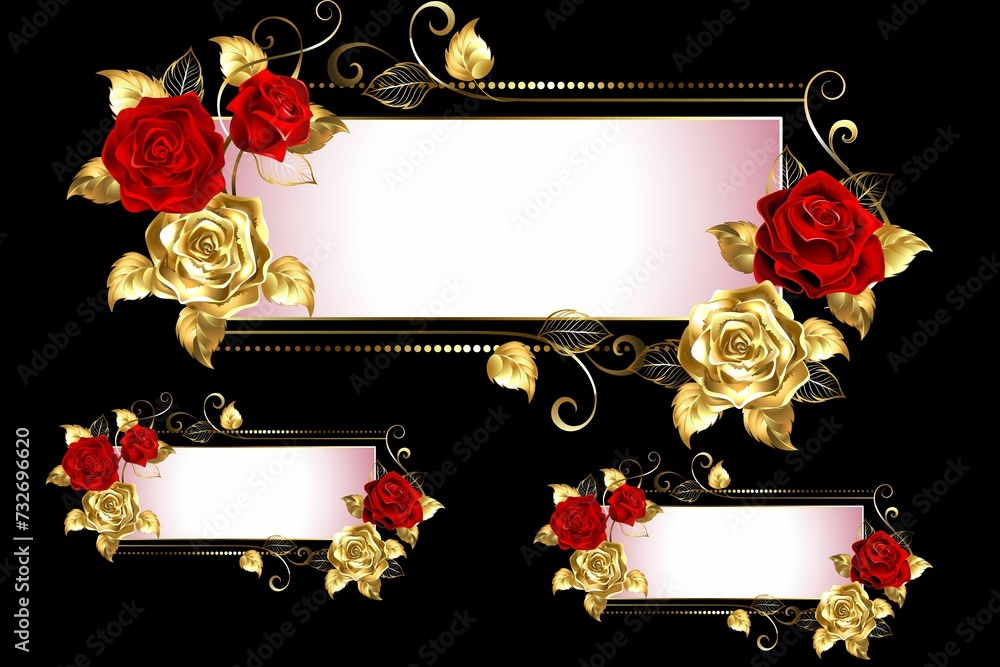 Gold oval frame with red roses on turquoise, brocade background. Design ...