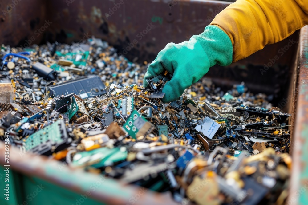 A worker's hand sorting through electronic waste at a recycling ...