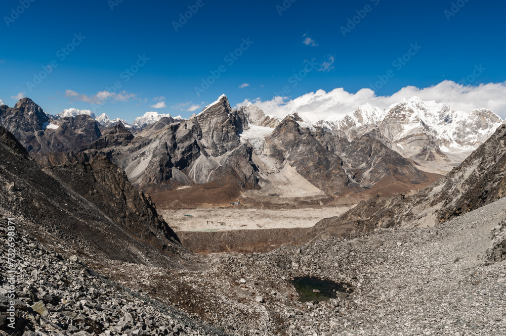 Alpine lake, Mounts Lobuche, Cho Oyu and Khumbu Glacier from Kongma La ...
