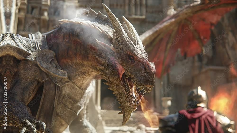 An epic tale unfolds as a majestic dragon confronts a brave hero ready ...