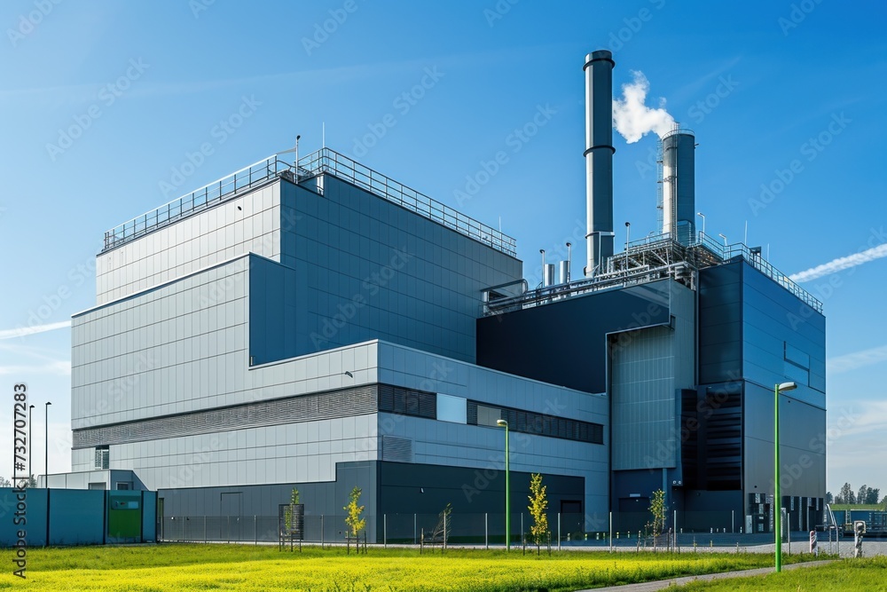 The exterior of a modern waste-to-energy plant with blue skies in the ...