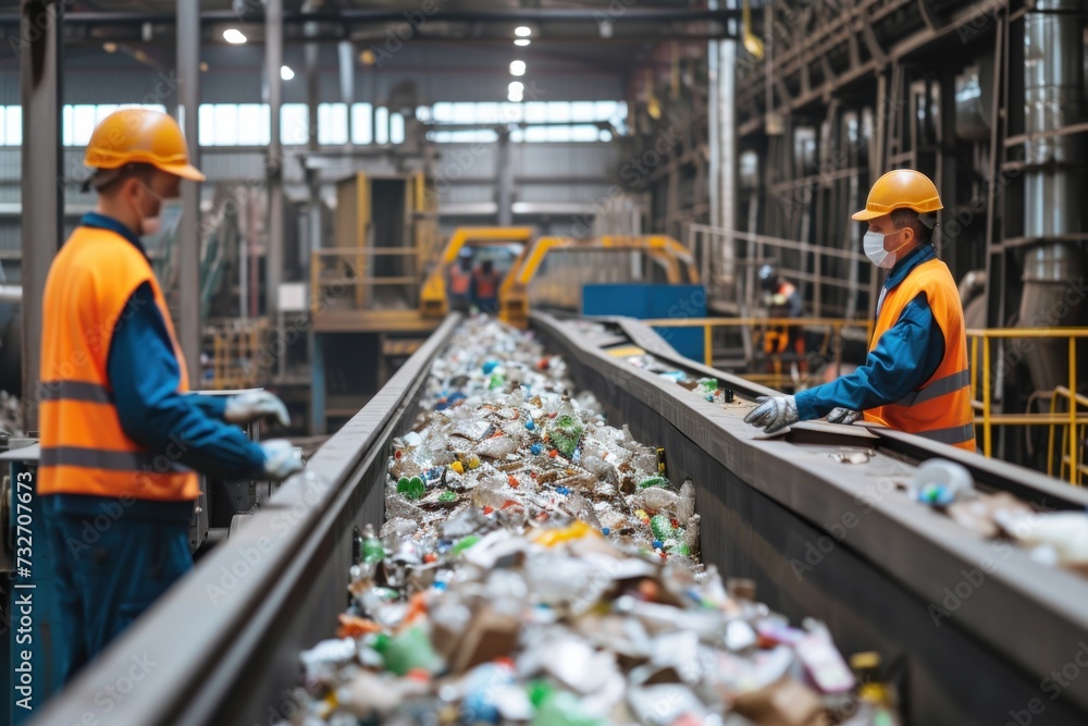 Workers in safety gear overseeing the recycling process on a conveyor ...