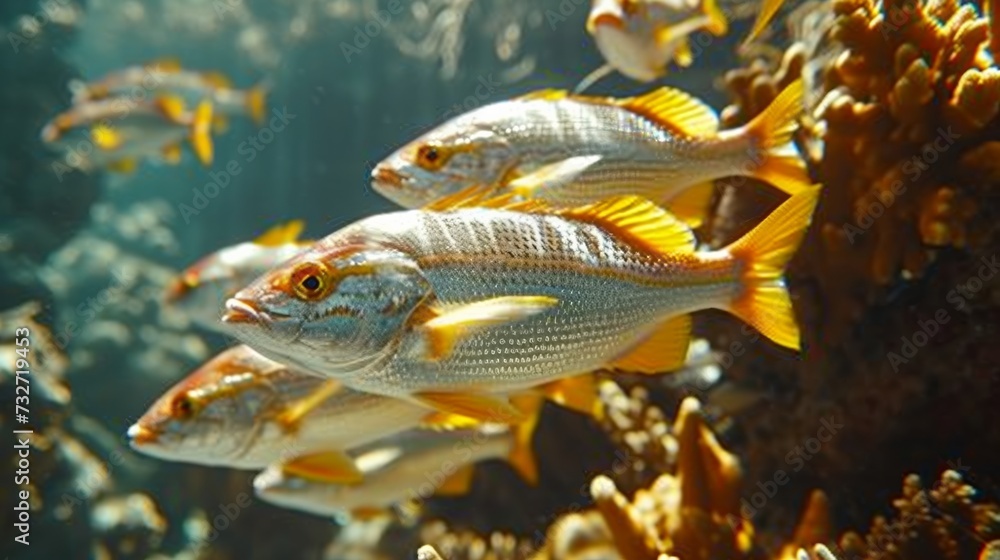Sunlight pierces the ocean to illuminate a group of yellowtail fish ...