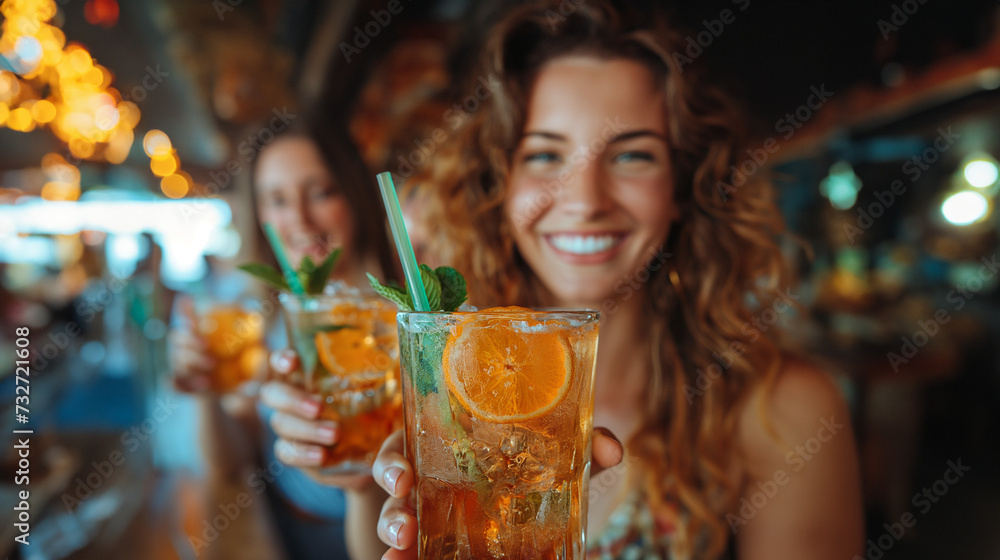 Happy friends group cheering mojito drinks at cocktail bar restaurant ...