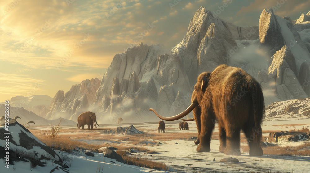 Woolly Mammoths Roaming Prehistoric Terrain Stock Illustration | Adobe ...