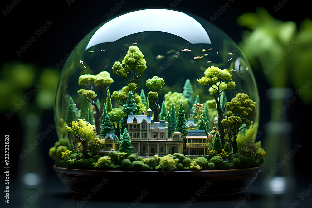 Miniature World Inside Glass Dome A miniature Victorian house set ...