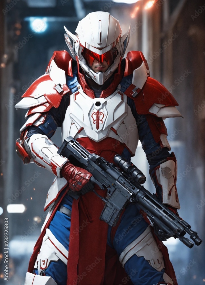 high elf sci fi soldier wearing heavy sci fi armor, white and red and ...