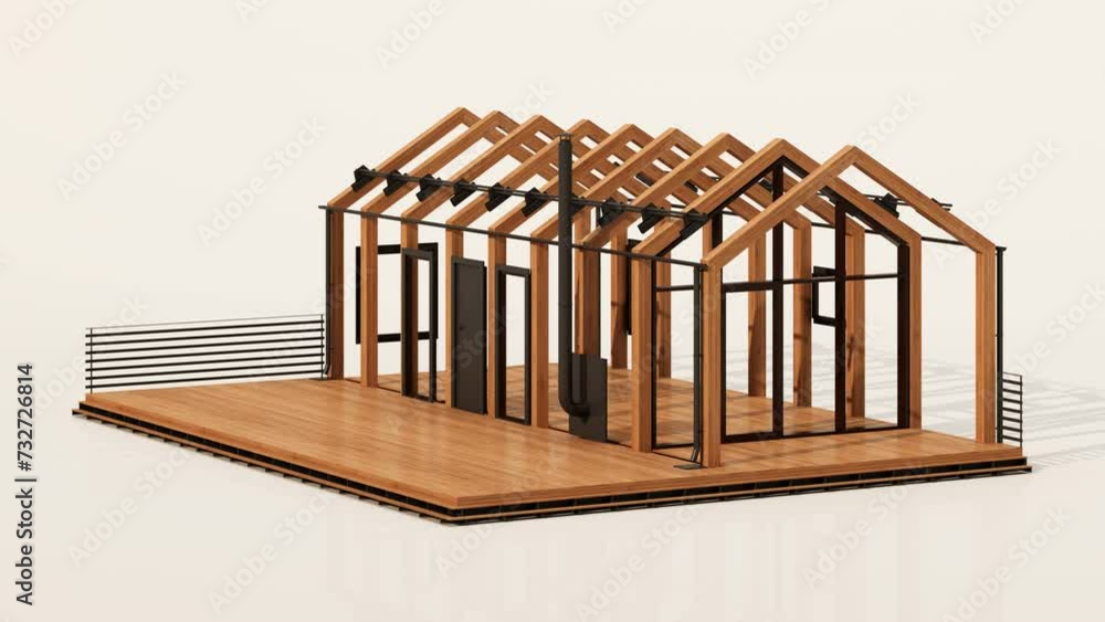 Building a house with wood structure. stop motion 3d animation of house ...