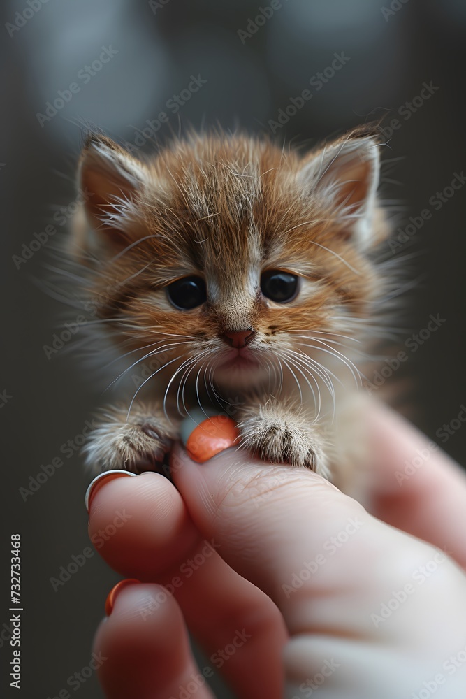 Teeny-tiny cat resting on the edge of a female fingertip, painted nails ...