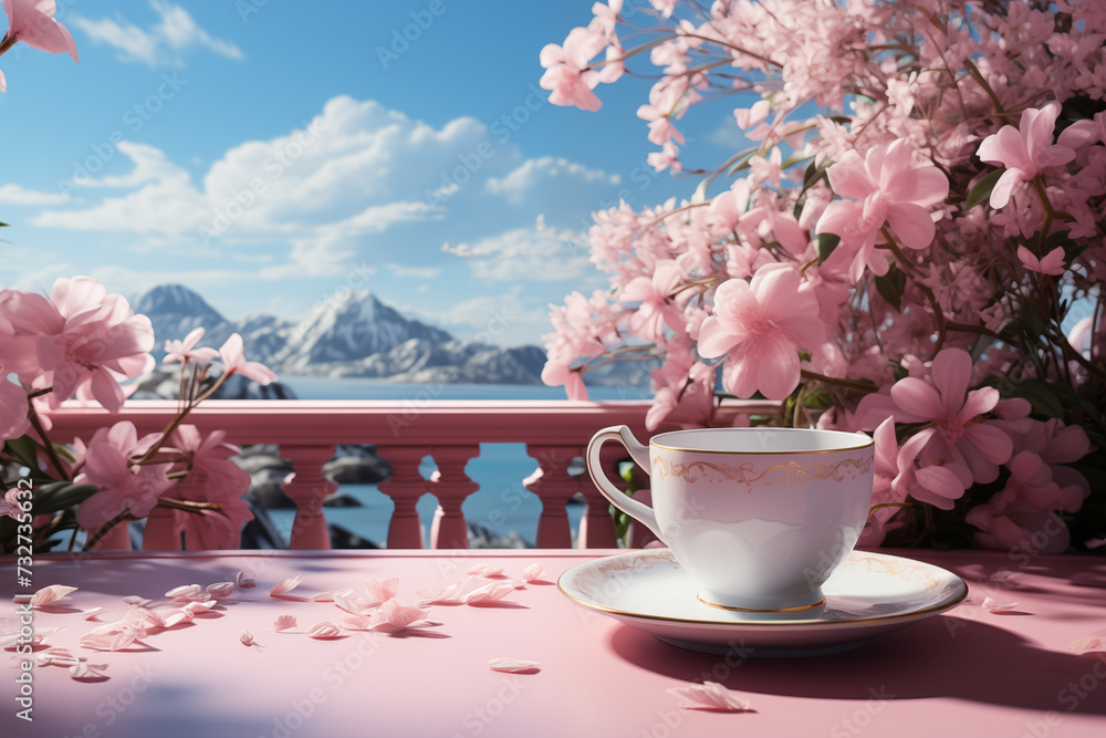 Cup of drink. coffee tea. Outdoor space, big window with beautiful view ...