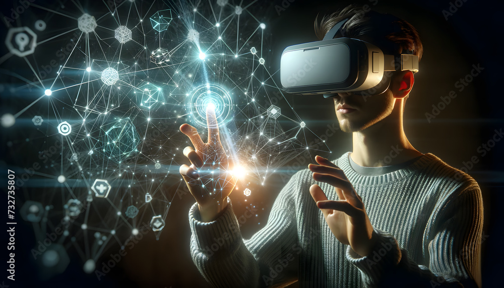 Man using augmented reality glasses to interact with virtual objects. Illustration for AR ...