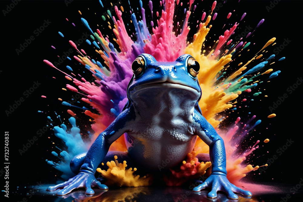 blue frog in a splash explosion of colors, variegated paint burst Stock ...