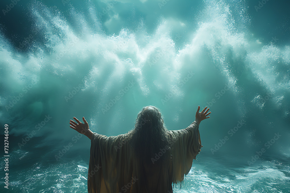Moses opens the passage, parting the red sea in different directions ...