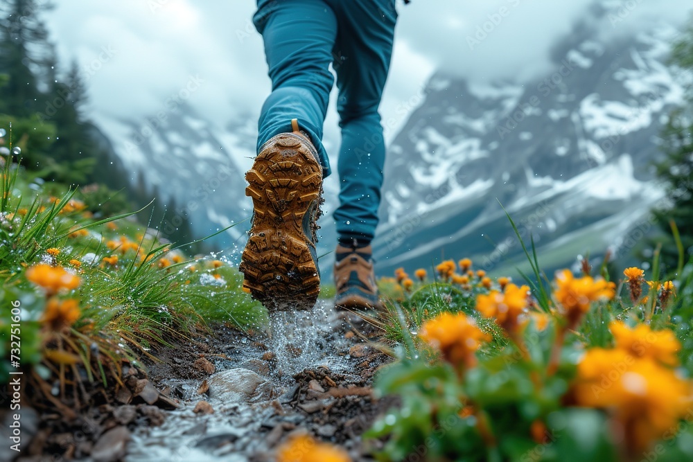 Hiking in the mountains. Male legs with sports shoes and backpack ...