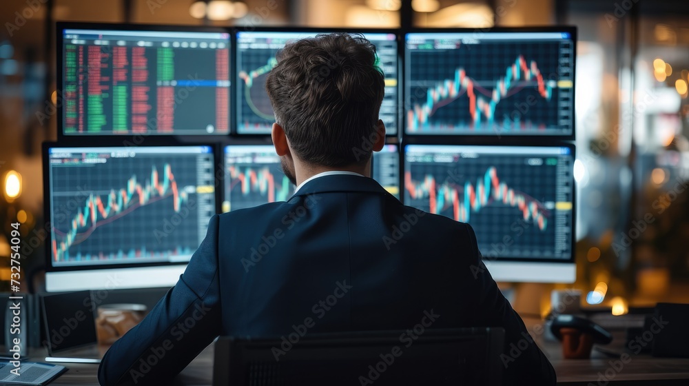 Business man looking computer screen with many stock market graphs ...
