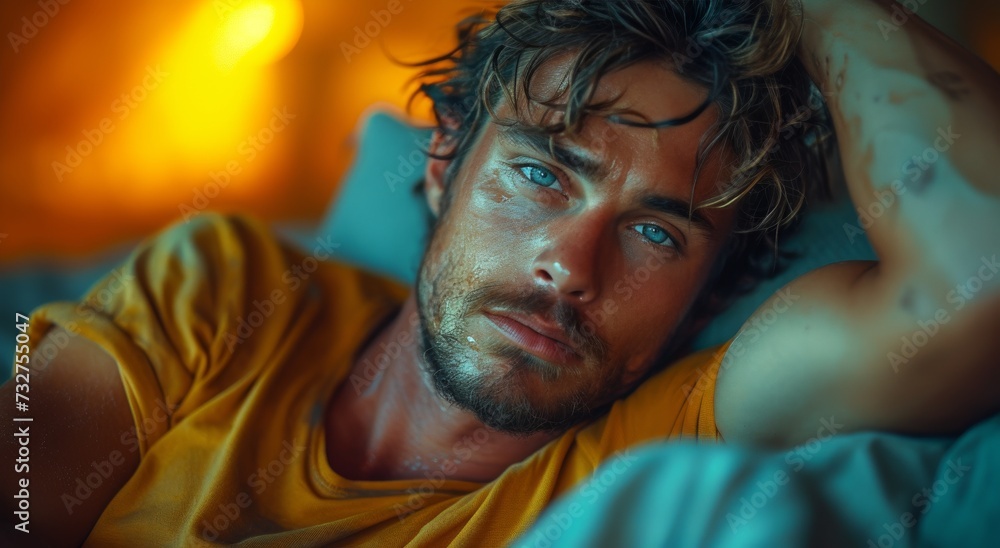 A drenched man with piercing blue eyes lays upon a disheveled bed, his ...