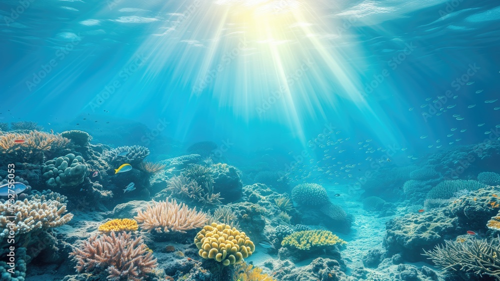 An underwater seascape with a coral reef bathed in sunlight, embodying ...