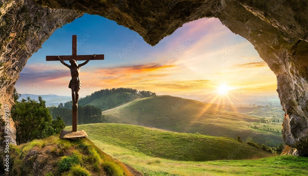good friday concept heart shape of cave with jesus christ on cross over ...