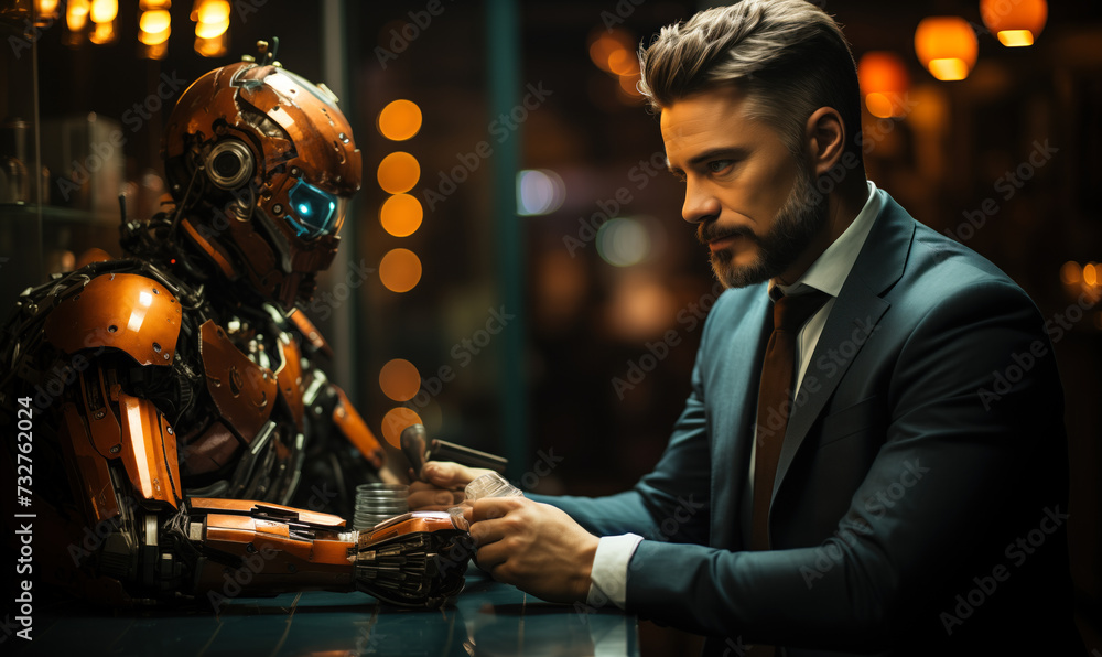 Futuristic encounter between a businessman and humanoid robot in an intimate setting ...